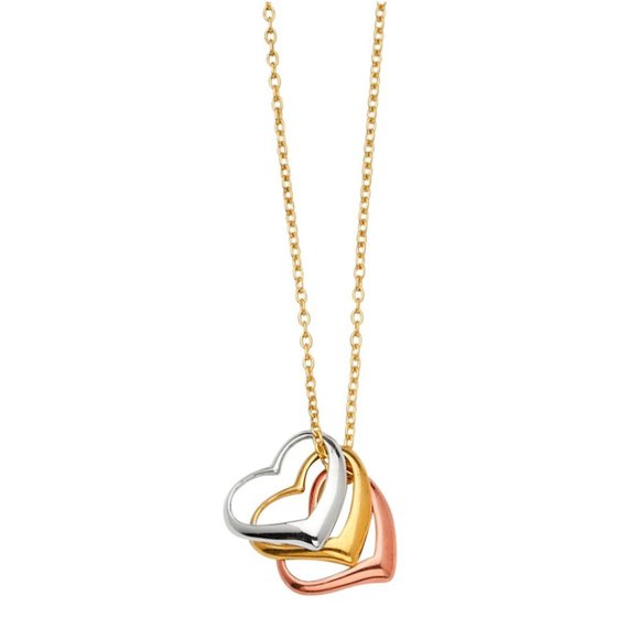 14KT GOLD TRI-COLOR TRIPLE HEART PENDANT LIGHT CHAIN NECKLACE